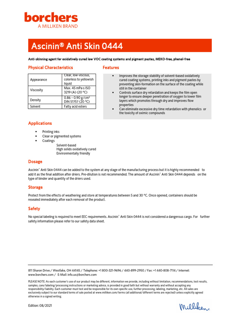 Ascinin® Anti Skin 0444 Overview | PDF | Viscosity | Materials