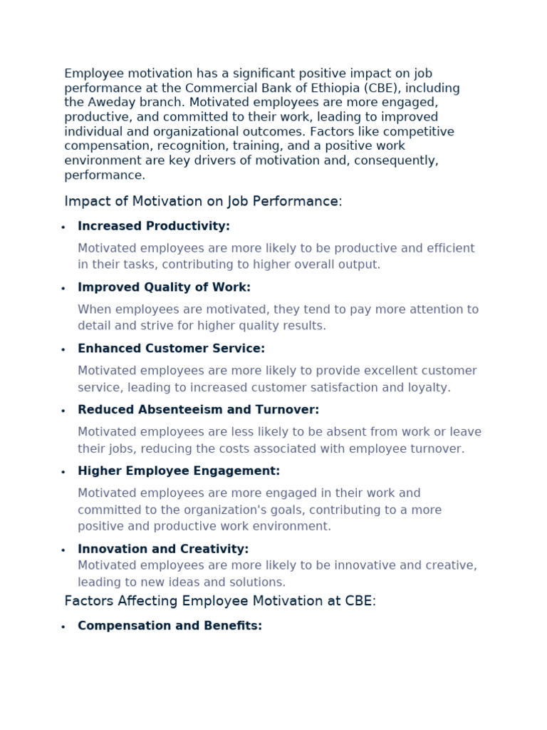 Impact of Employee Motivation On Jop Performonce in Case of Commercsal Bank of Ethiopia in ...