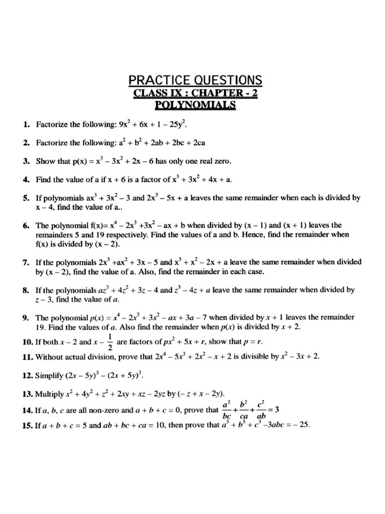 Revision Worksheet - II (Ch.2 Polynomials) Cl. IX | PDF