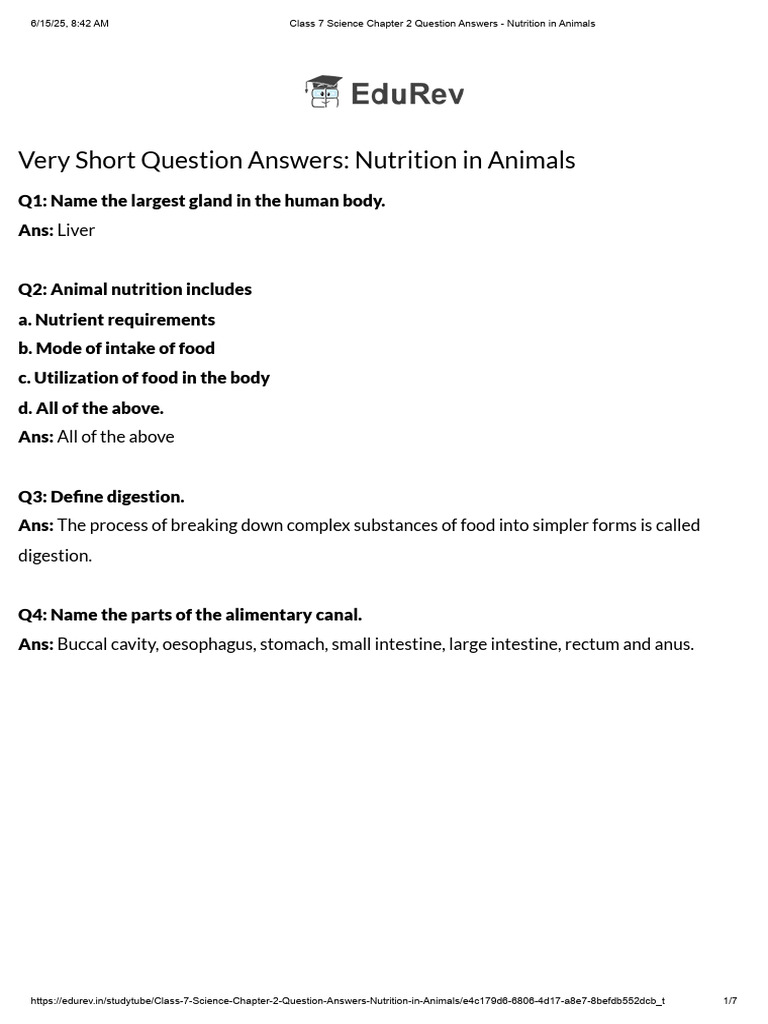 Class 7 Science Chapter 2 Question Answers - Nutrition in Animals | PDF | Digestion | Bile