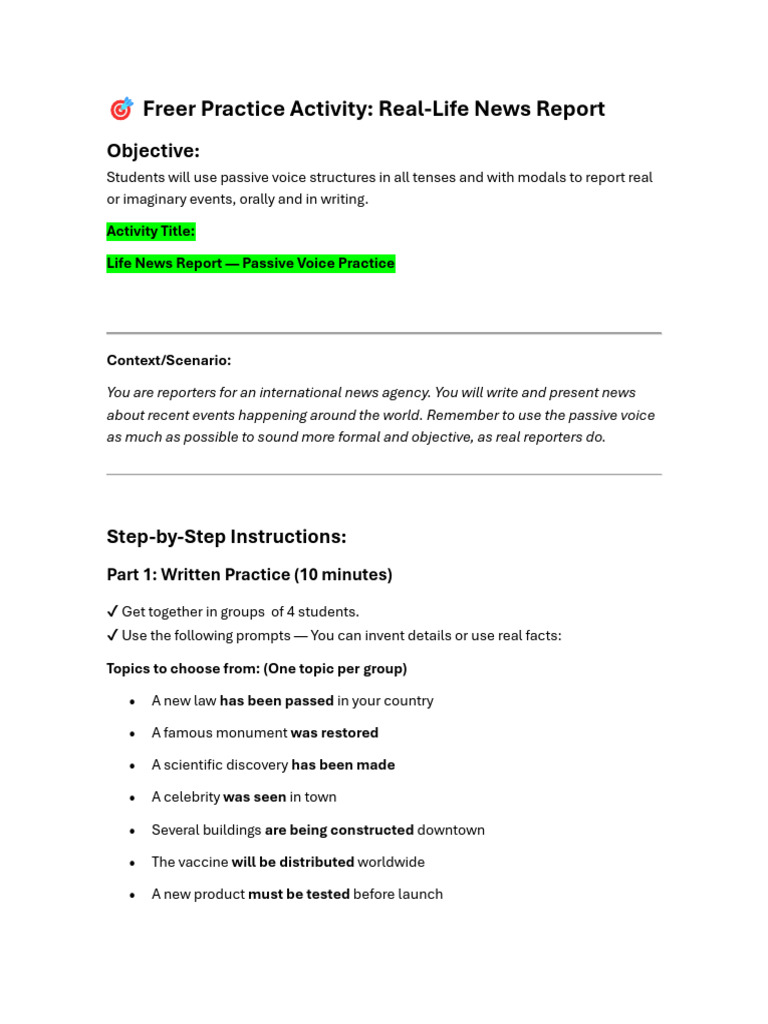 Passive Voice Freer Practice | PDF