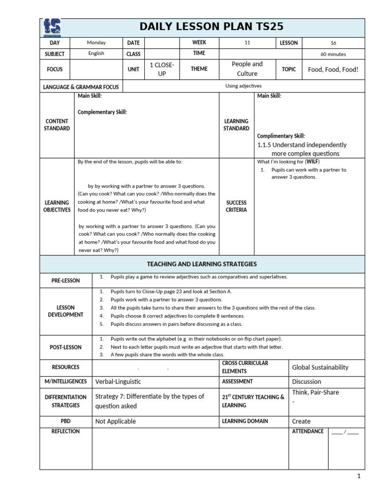 Form 3 Lesson Plan Lesson 16 Speaking | PDF | Learning | Adjective