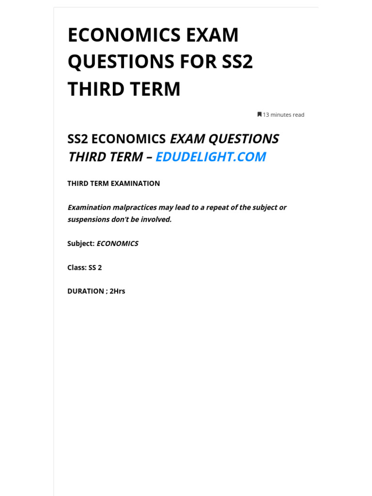 Economics Exam Questions For Ss2 Third Term | PDF | Elasticity (Economics) | Demand