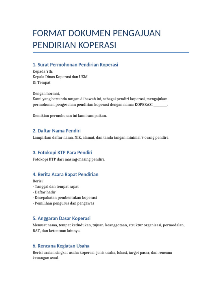 Format Pengajuan Pendirian Koperasi | PDF