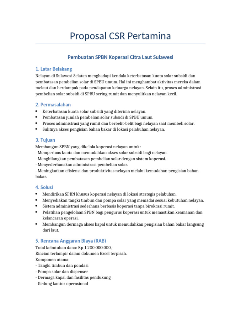 Proposal CSR Pertamina SPBN Koperasi Citra Laut Sulawesi | PDF