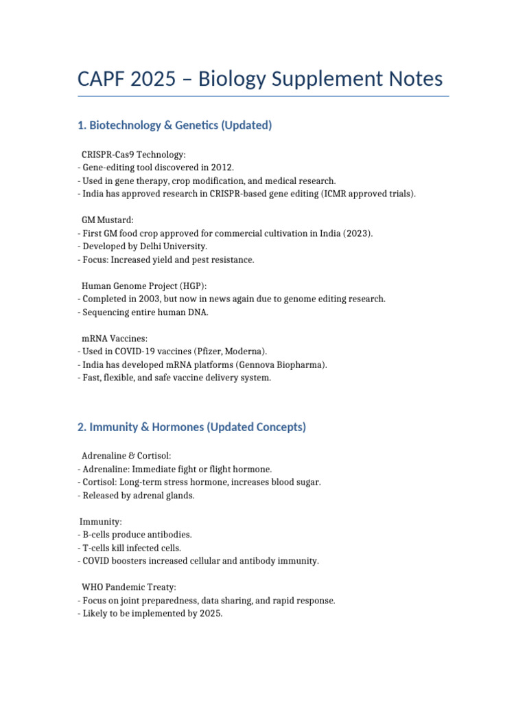 CAPF 2025: Biology Supplement Overview | PDF