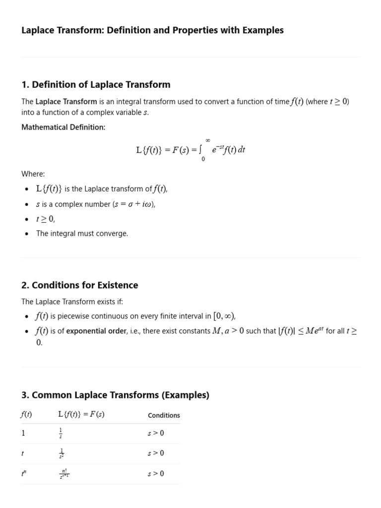 Definitions and Properties of Laplace Transform | PDF | Laplace Transform | Ordinary ...