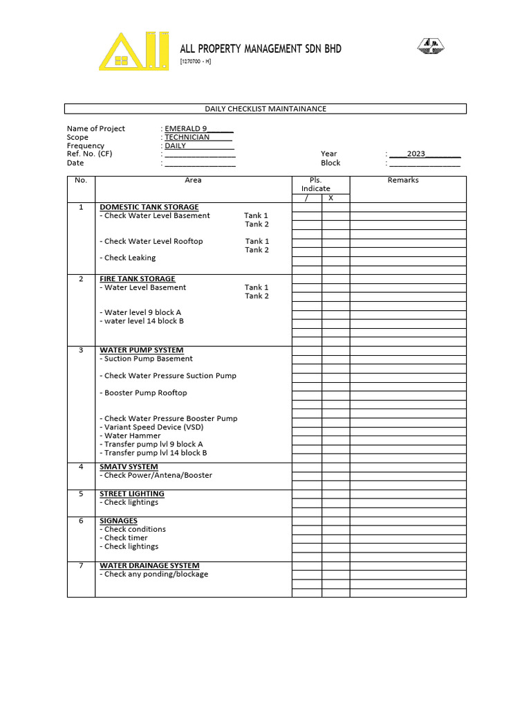 Daily Maintenance Checklist 2023 | PDF | Pump