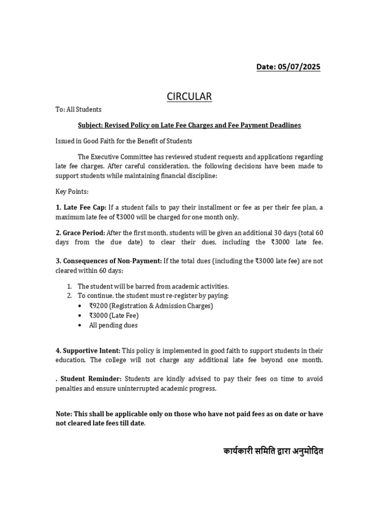Revised Late Fee Policy Circular | PDF