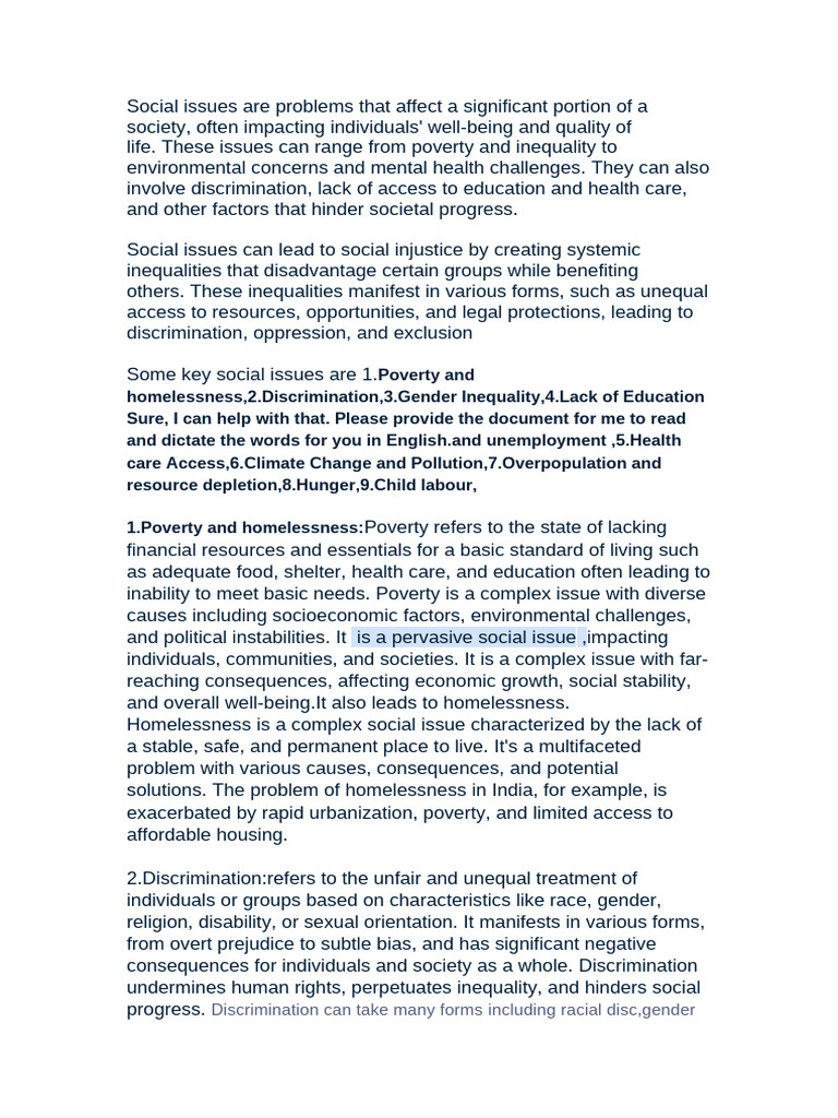 An Assignment On Various Social Issues | PDF | Poverty | Poverty & Homelessness