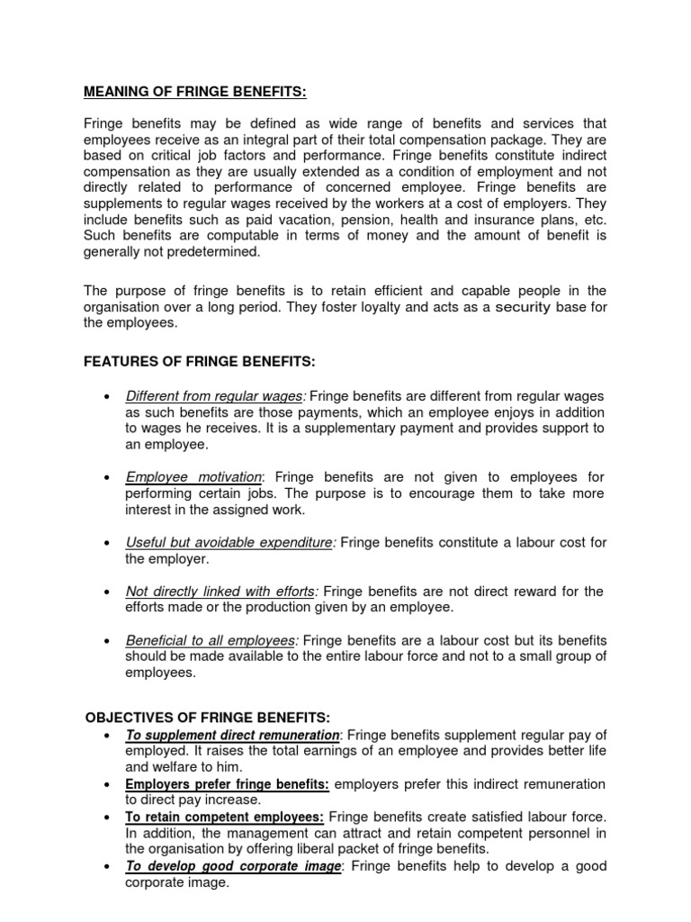 Meaning of Fringe Benefits | PDF | Employee Benefits | Welfare