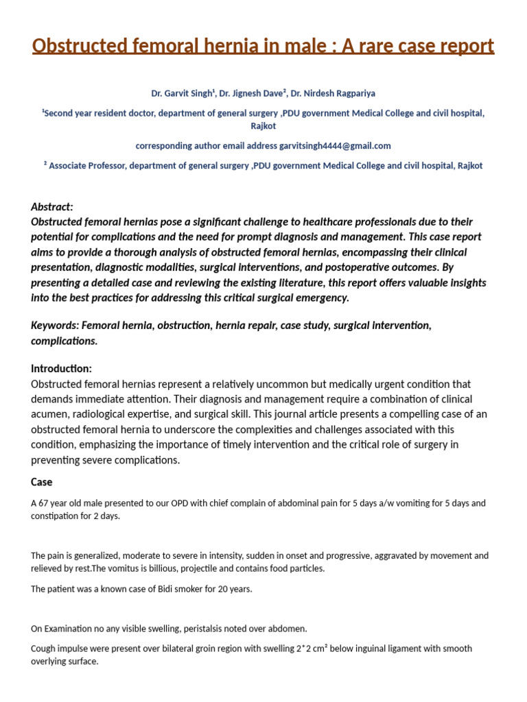Obstructed Femoral Hernia Case Study | PDF | Clinical Medicine ...