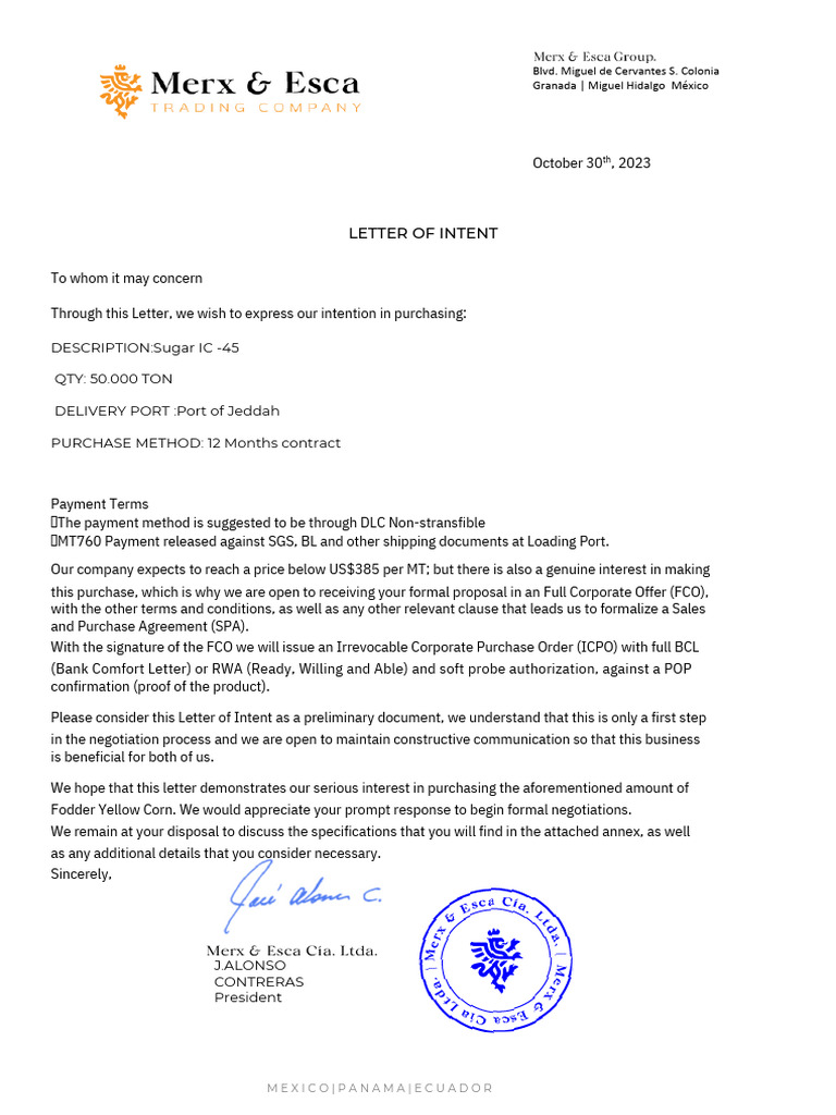 Letter of Intent for Sugar IC-45 Purchase | PDF
