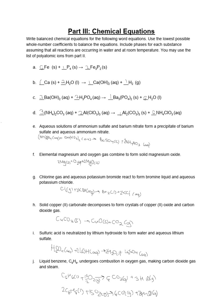 Summer Part III - Chemical Equations | PDF