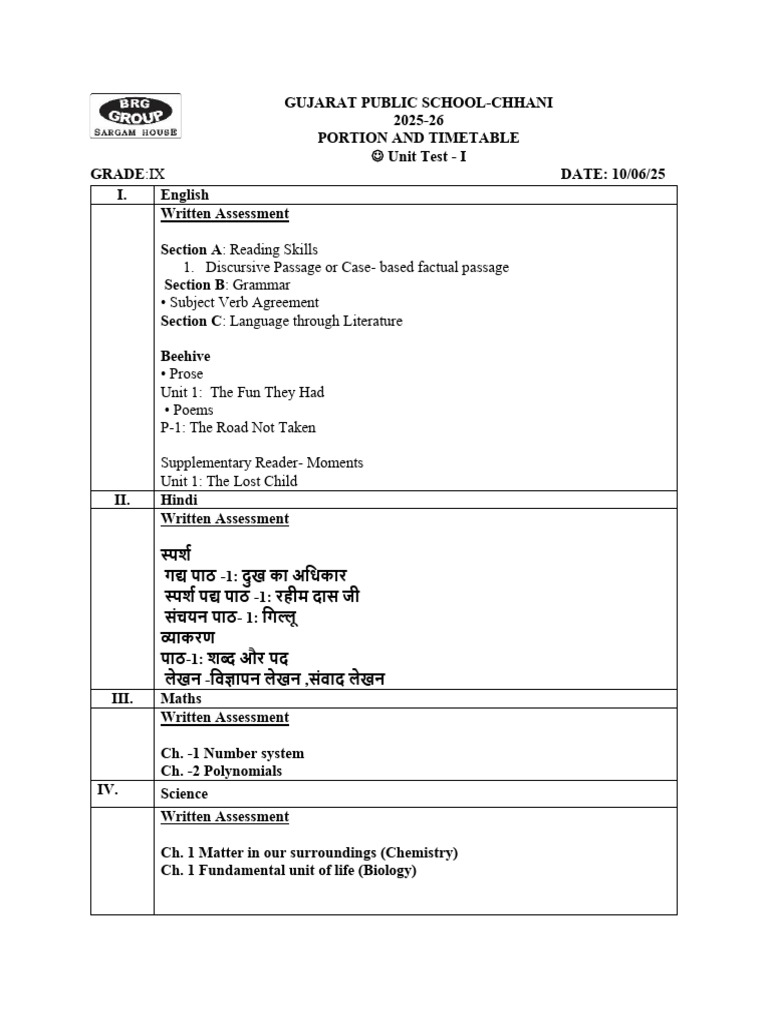 Grade 9 - UT 1 Portion and Timetable | PDF