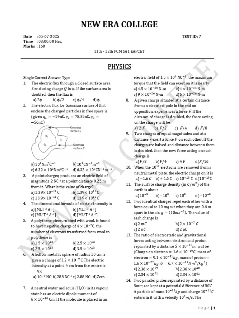 PCM SA1 EAPCET Physics Test 2025 | PDF | Capacitor | Capacitance