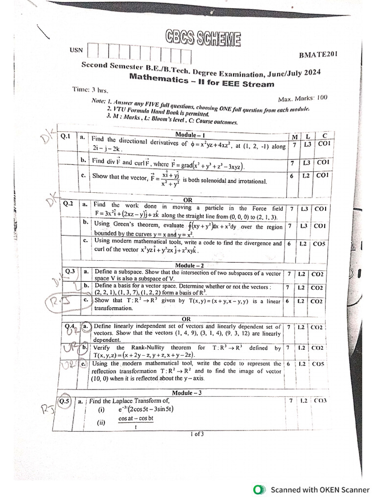 BMATE201 Question Paper 2024 | PDF