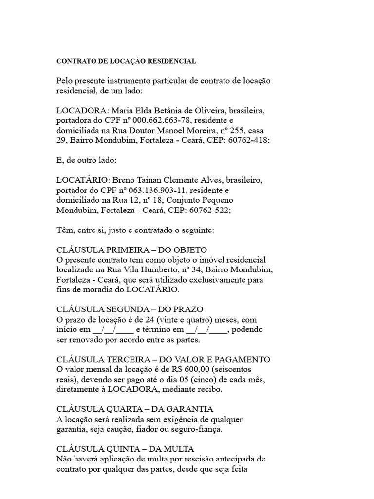 Contrato Aluguel Maria Breno | PDF | Aluguel