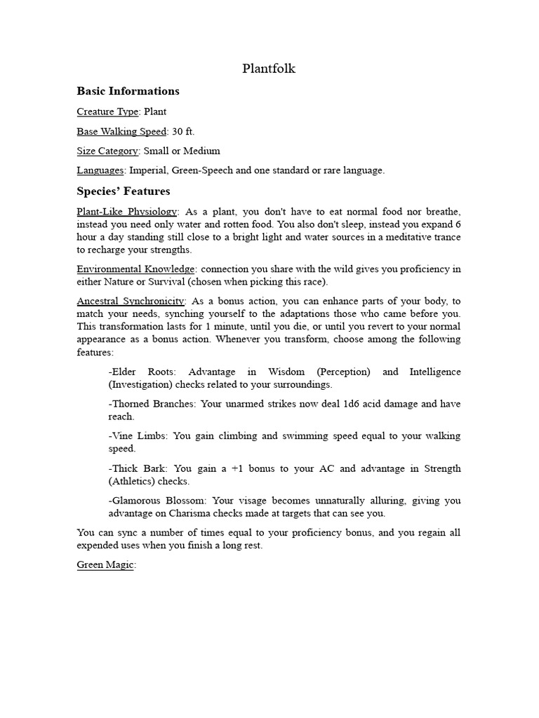 D&D 5e - Race - Plantfolk | PDF