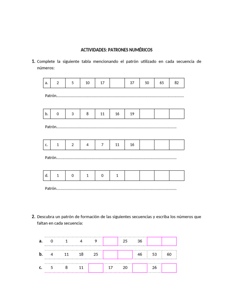 Actividades de Patrones Numéricos 3 Básico | PDF