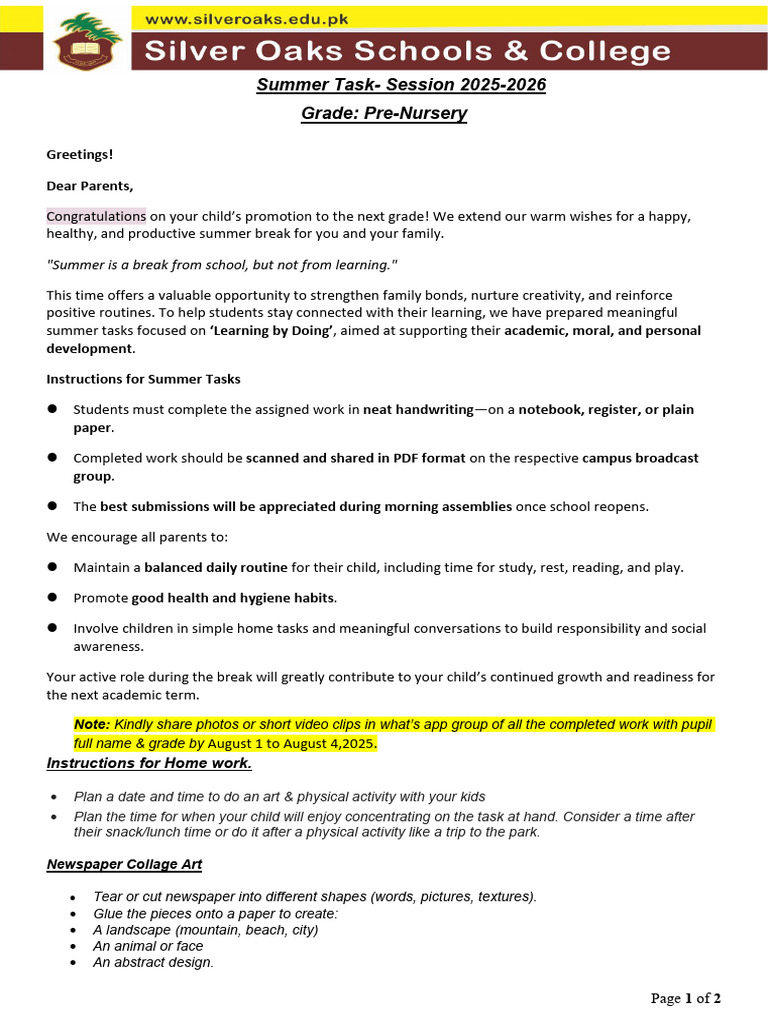 Pre-Nursery Summer Vacation Task | PDF