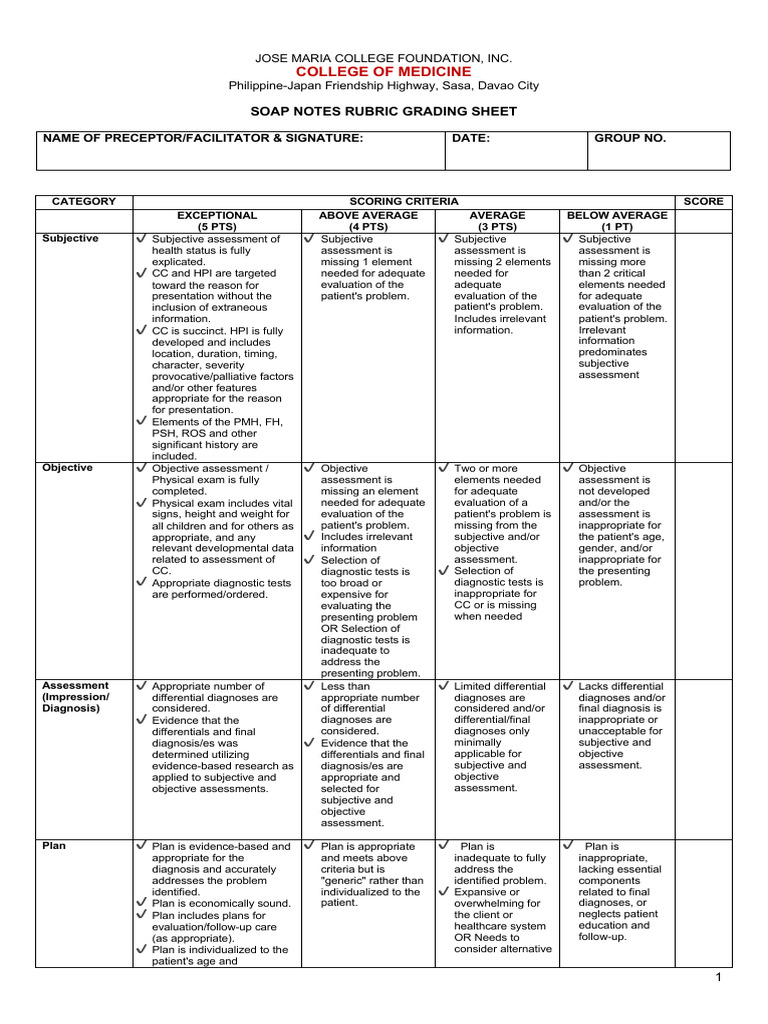 SOAP Notes Grading Rubric | PDF | Medical Diagnosis | Evidence Based ...