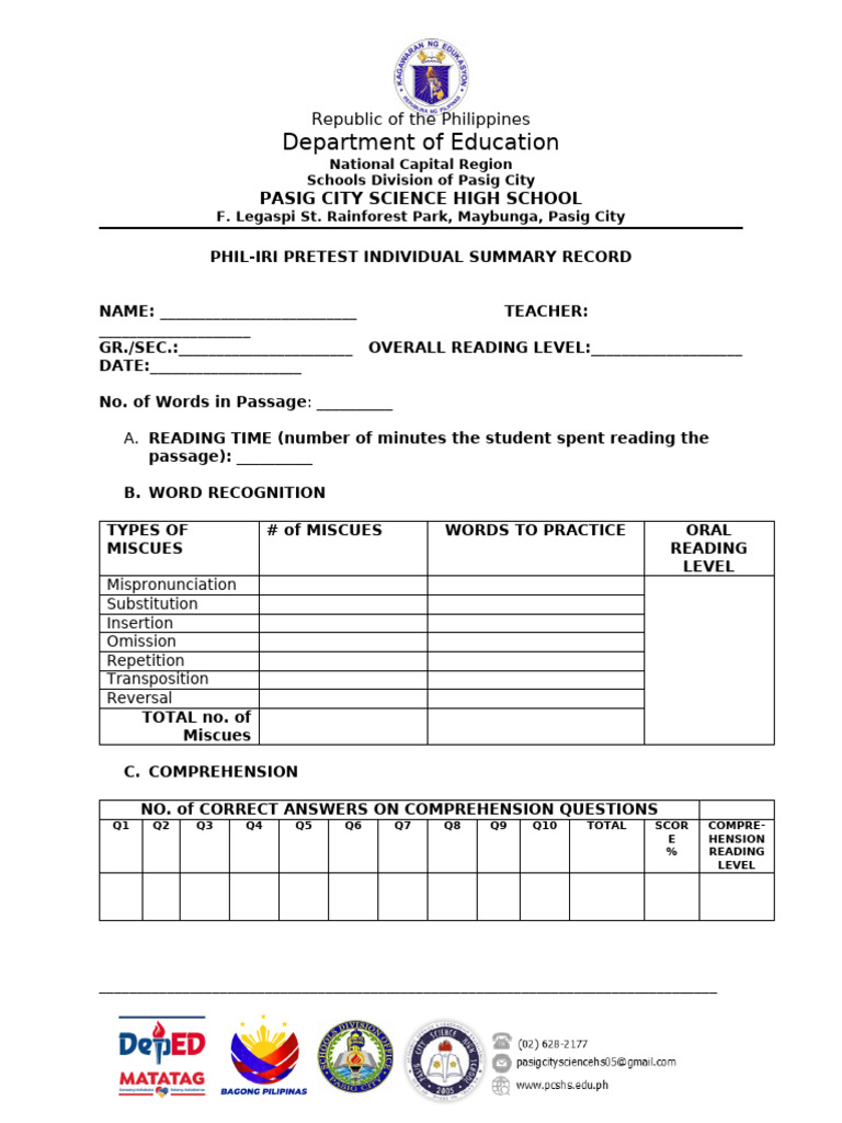 Phil Iri Individual Record 1 | PDF