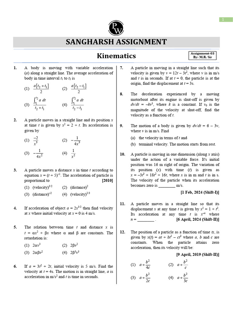 Sangharsh Assignment-03 Kinematics (Physics) MR Sir RNJ PDF | PDF | Acceleration | Velocity