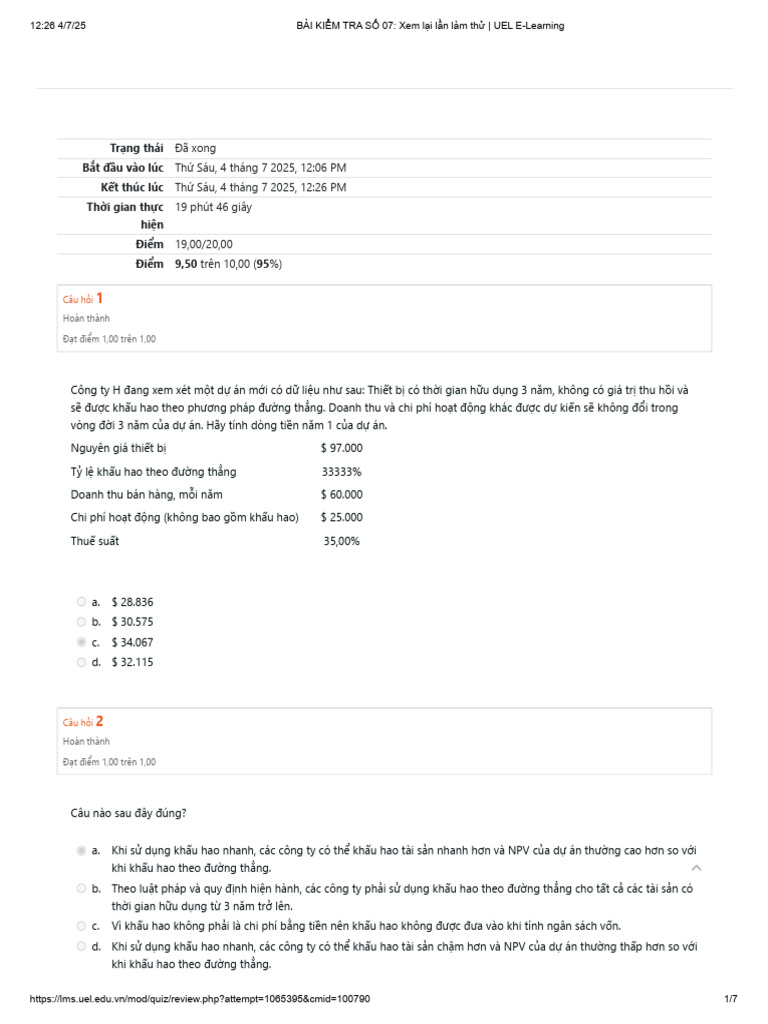 BÀI KIỂM TRA SỐ 07 - Xem Lại Lần Làm Thử - UEL E-Learning | PDF