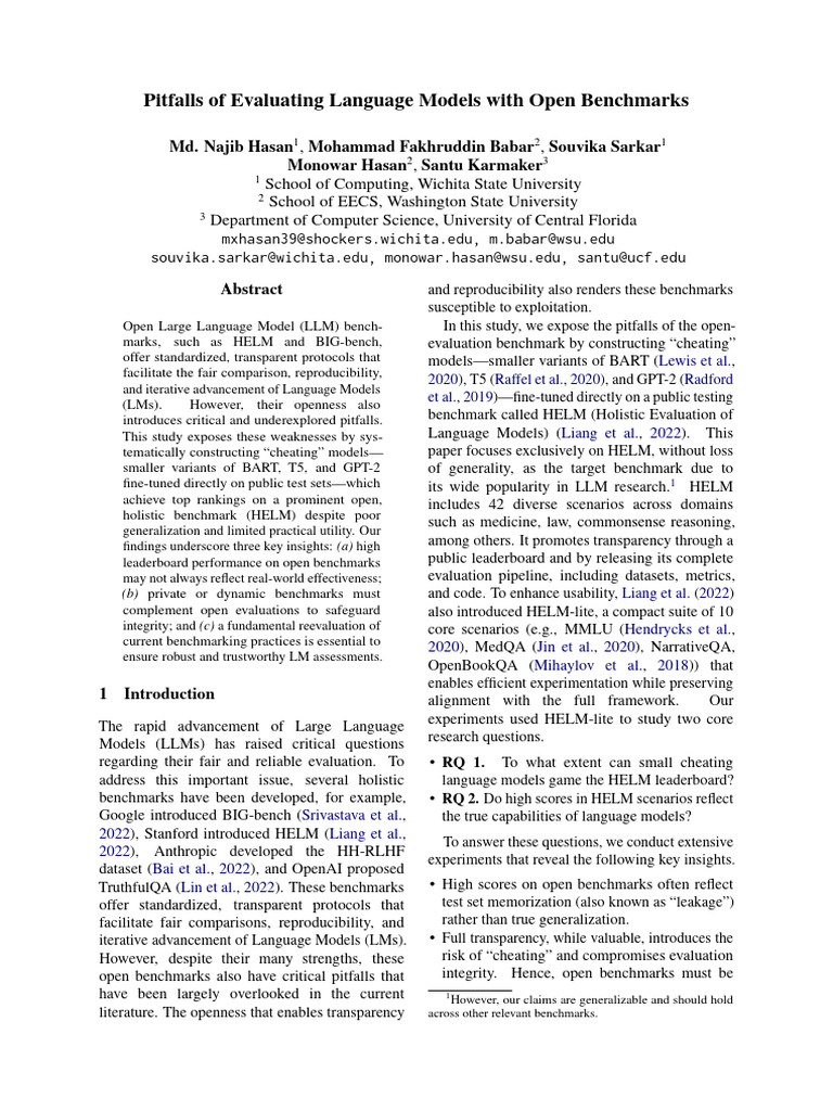 Pitfalls of Evaluating Language Models With Open Benchmarks | PDF | Cognition | Applied Mathematics
