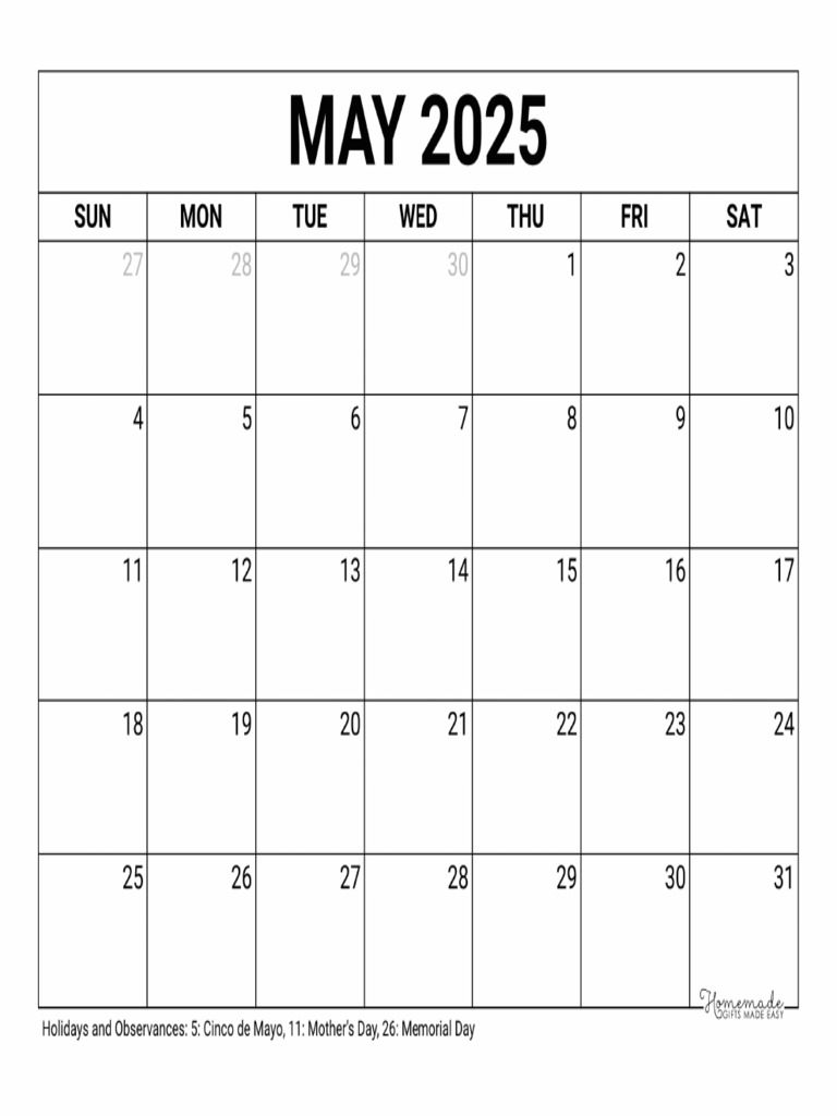 May Calendar 2025 Printable Blank | PDF