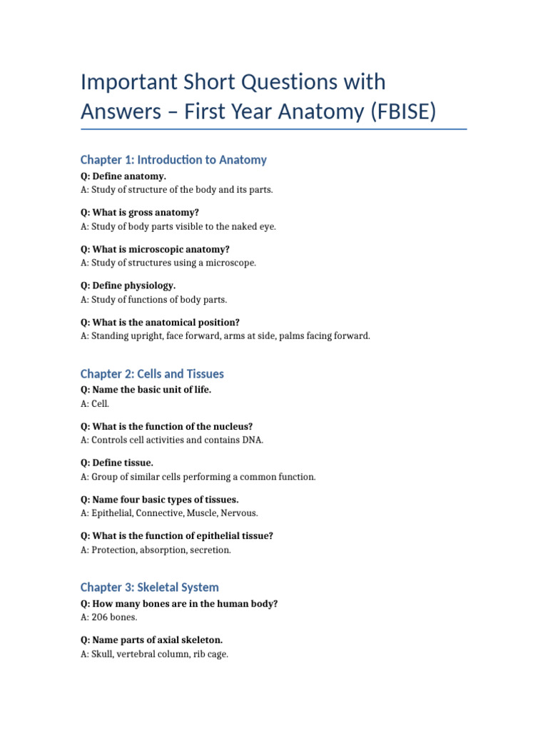 Anatomy Short Questions FBISE | PDF