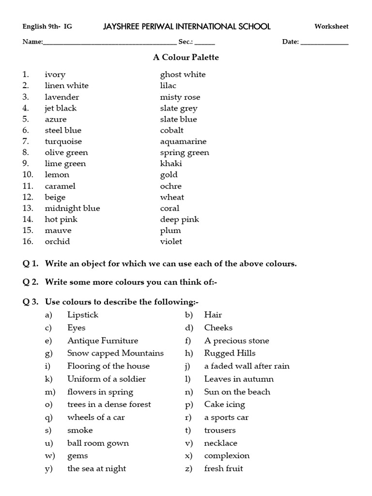Color Palette Worksheet for 9th Grade | PDF