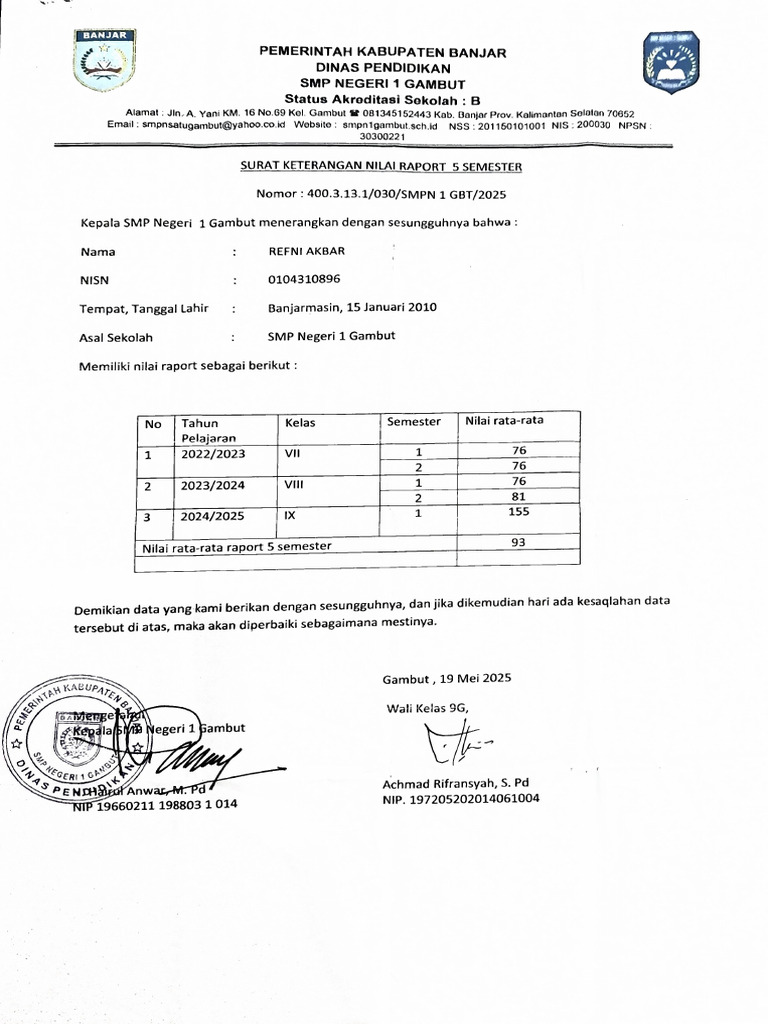 Surat Ket Nilai Rapot 5 Smester - 20250622-2156-1 | PDF