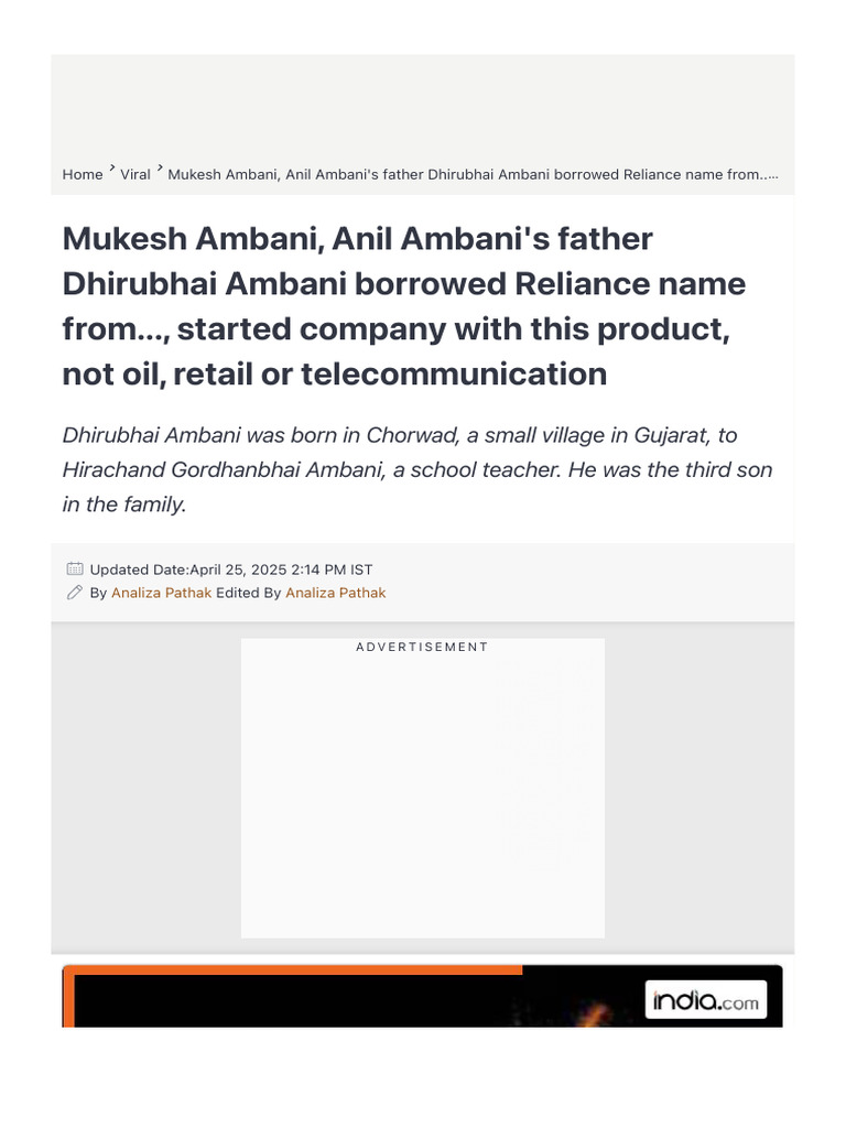Mukesh Ambani, Anil Ambani's Father Dhirubhai Ambani Borrowed Reliance Name From..., Started ...