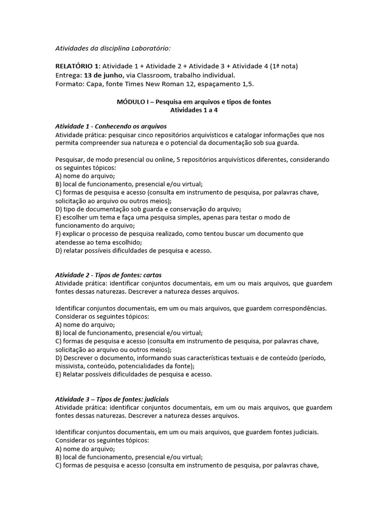 Atividades Da Disciplina Laborat-Rio | PDF