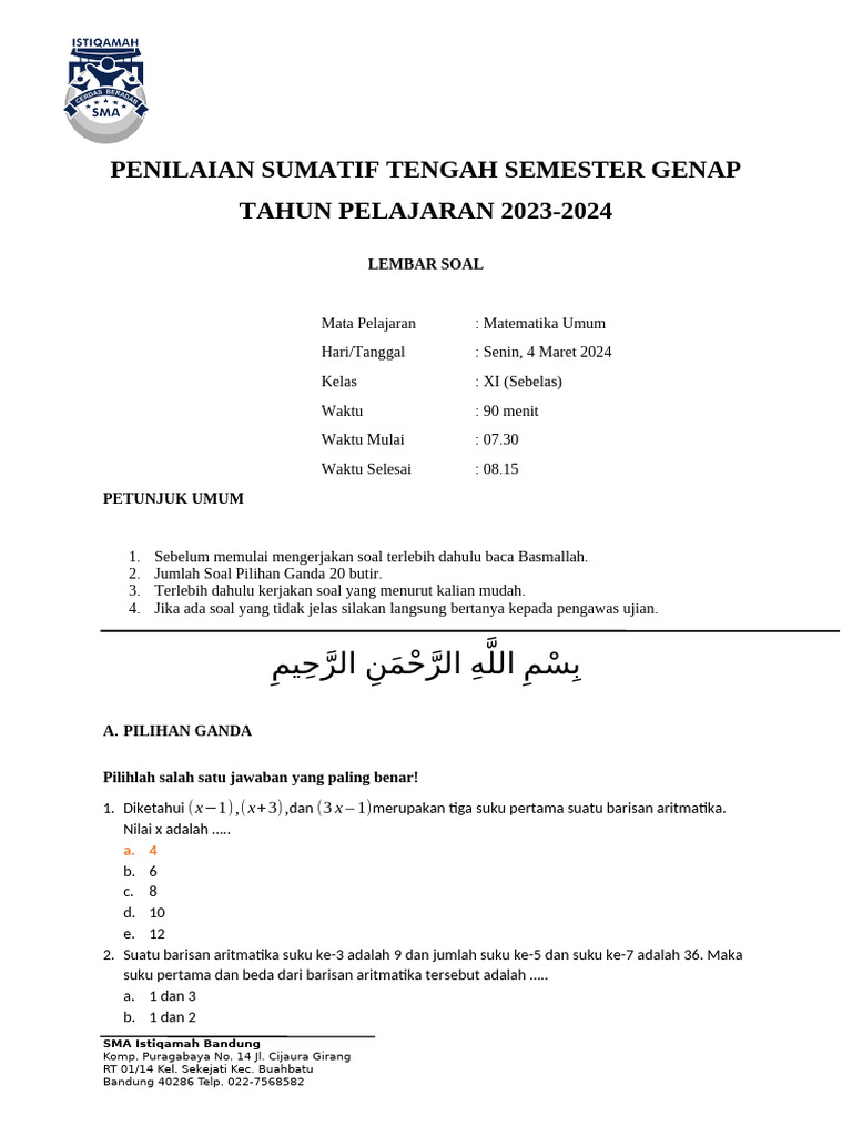Naskah Soal Matematika Wajib Kelas Xi | PDF