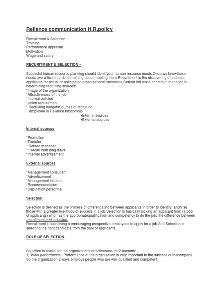 Reliance Communication HR Policy Overview | PDF | Performance Appraisal ...
