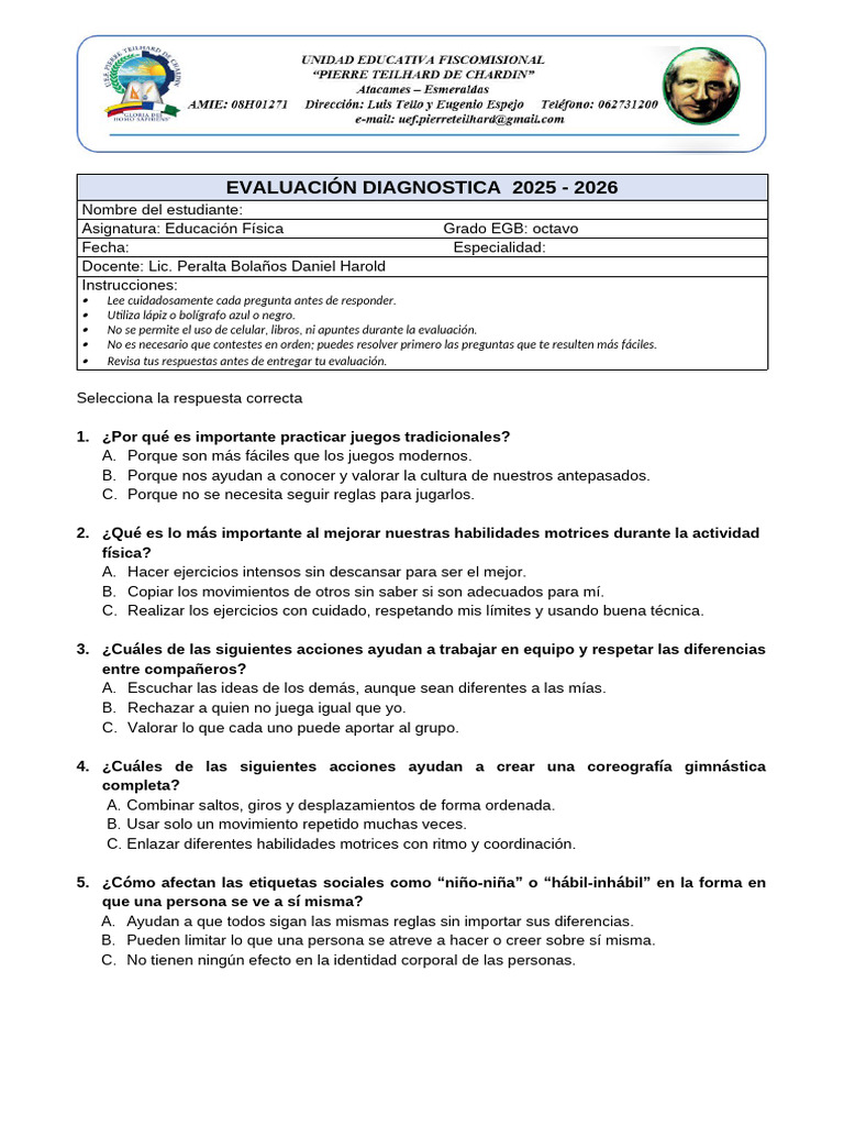 Evaluacion Diagnostica - Ef - 8°egb | PDF