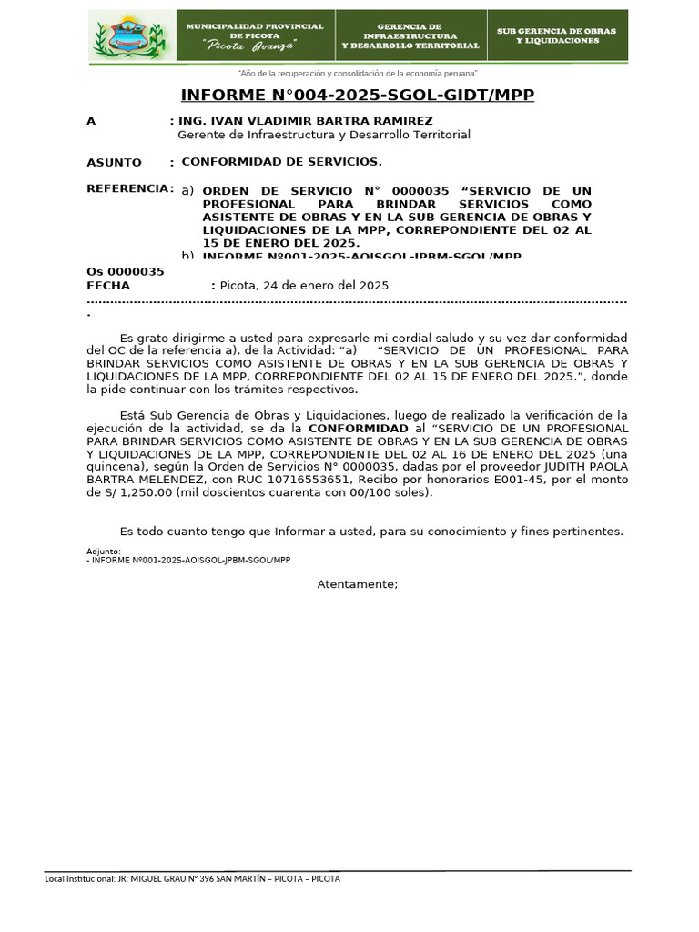 Informe #004-2025 - Conformidad de Servicio Asistente Paola | PDF