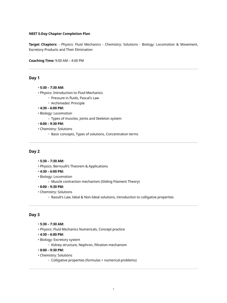NEET 5-Day Study Plan for Key Subjects | PDF