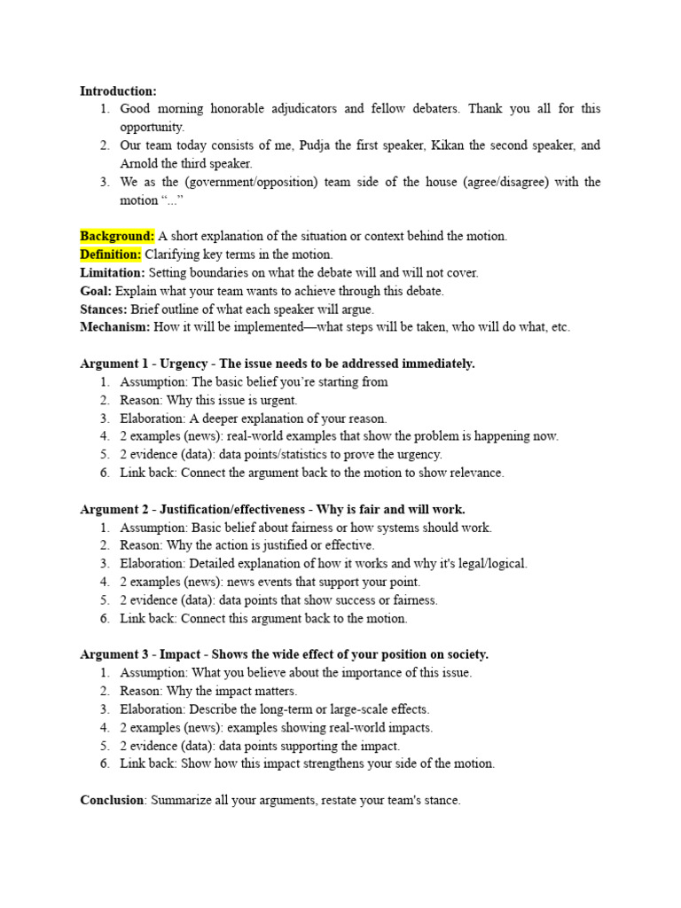 First Speaker Debate Structure Guide | PDF