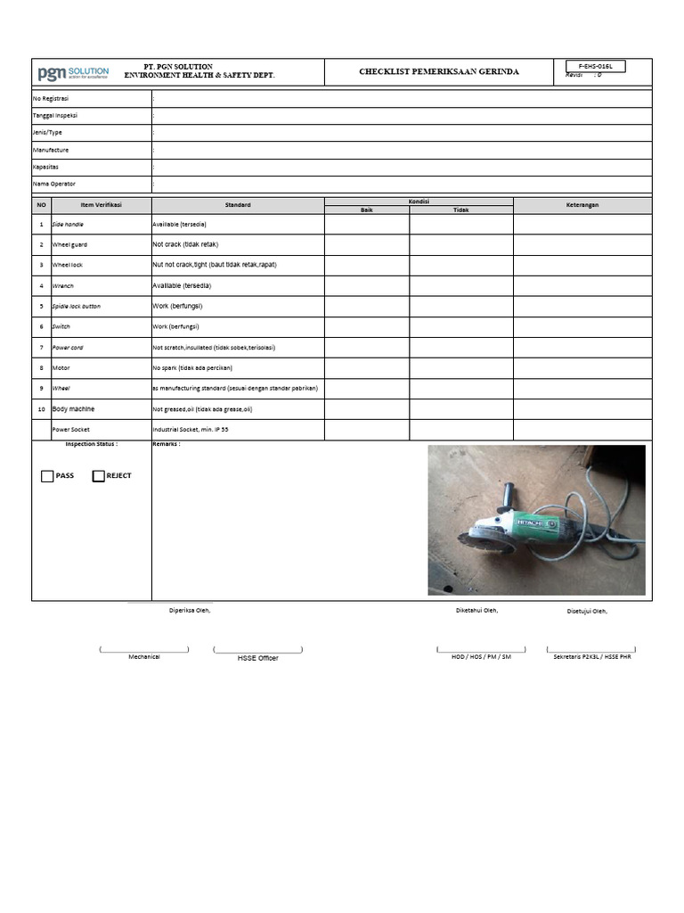 F-EHS-16L Checklist Pemeriksaan Gerinda | PDF