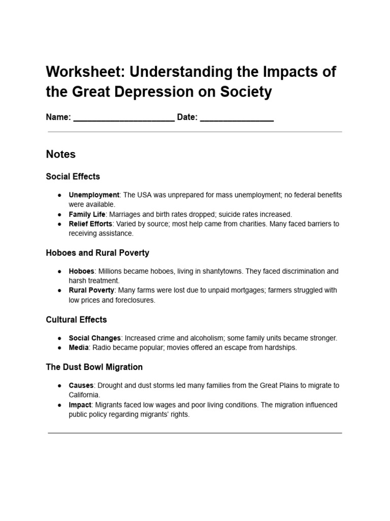 Great Depression Social Impact Worksheet | PDF