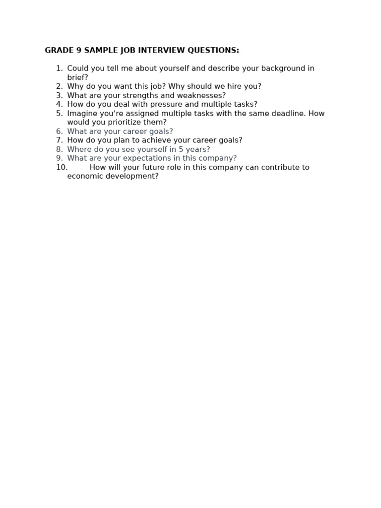 Grade 9 Job Interview Questions Guide | PDF