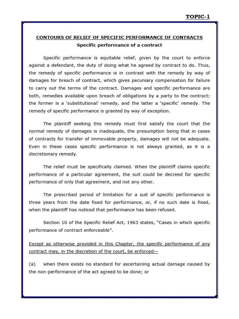 Topic 1 Contours of Relief of Specfic Performance of Contracts | PDF ...