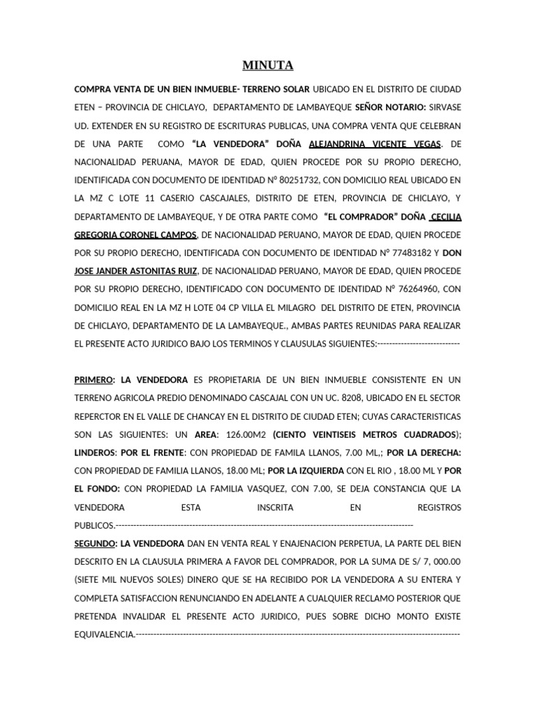 Minuta de Compra Venta | PDF