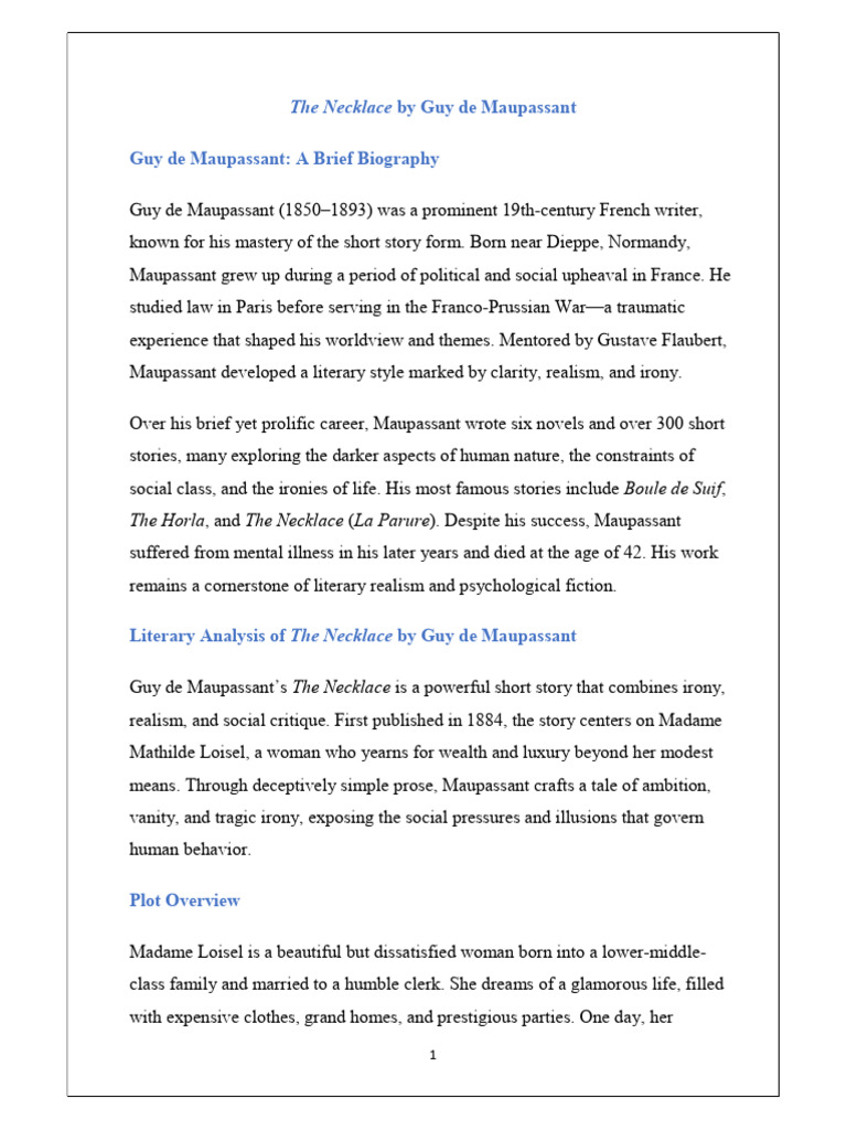 Analysis of "The Necklace" Themes | PDF | Guy De Maupassant