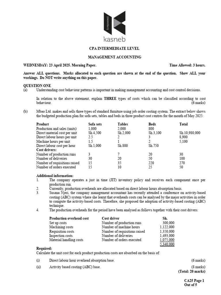 Management Accounting Exam Paper 2025 | PDF | Cost Of Goods Sold ...