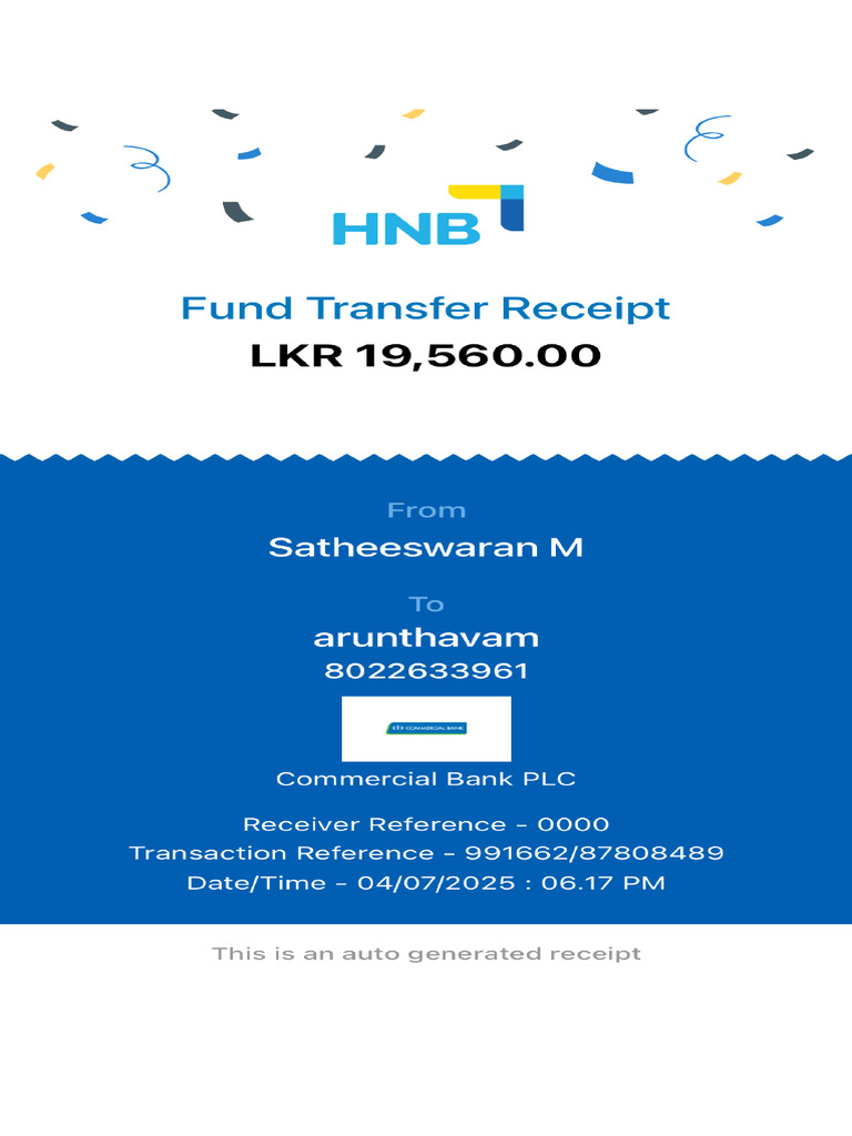 HNB Transfer Receipt 04 07 2025 06 17 PM | PDF